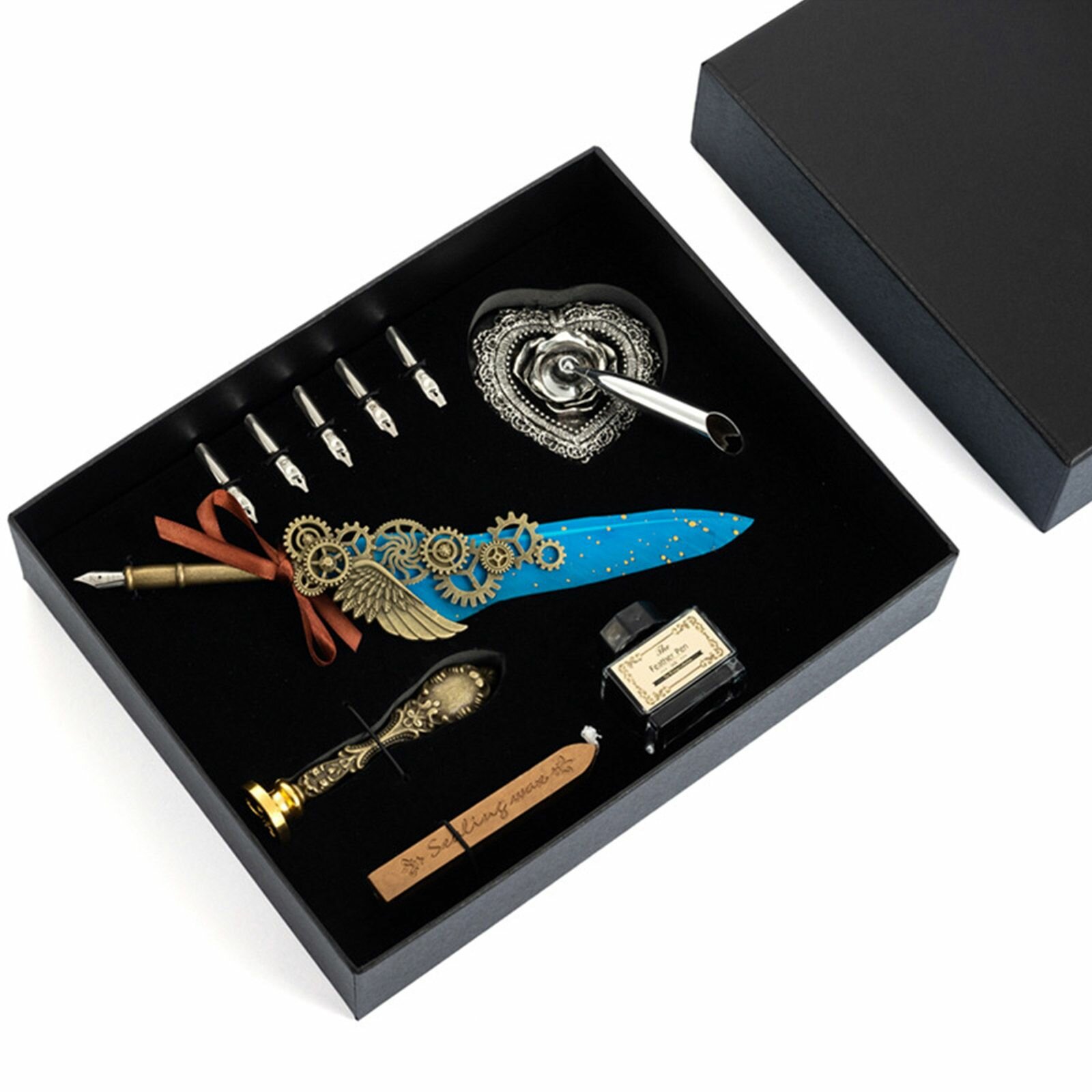 Антикварный набор перьев для каллиграфии с чернилами и восковым печатью