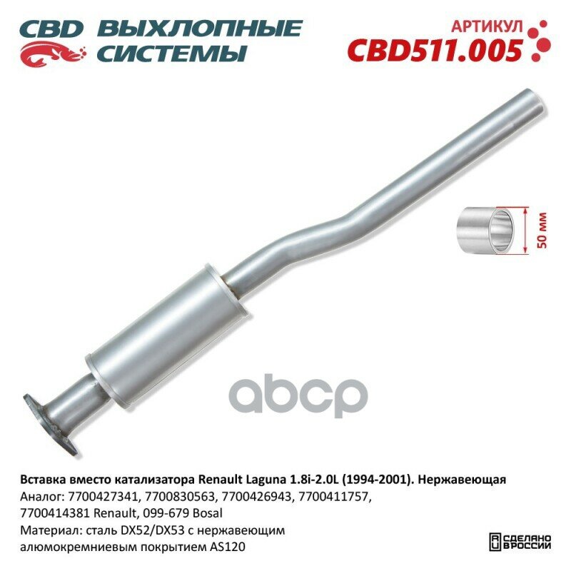 Вставка вместо катализатора Renault Laguna 1.8i-2.0L (1994-2001). Нержавеющая. CBD CBD511.005 CBD арт. CBD511005