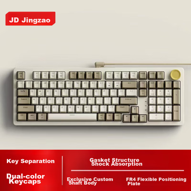 JD Jingzao JZ990 Wired Mechanical Keyboard, 99 Keys, Backlit, Gasket Structure, PBT Keycaps, Multimedia Volume Knob, Dual System Compatible, for Gaming And Office Use, Original Gray
