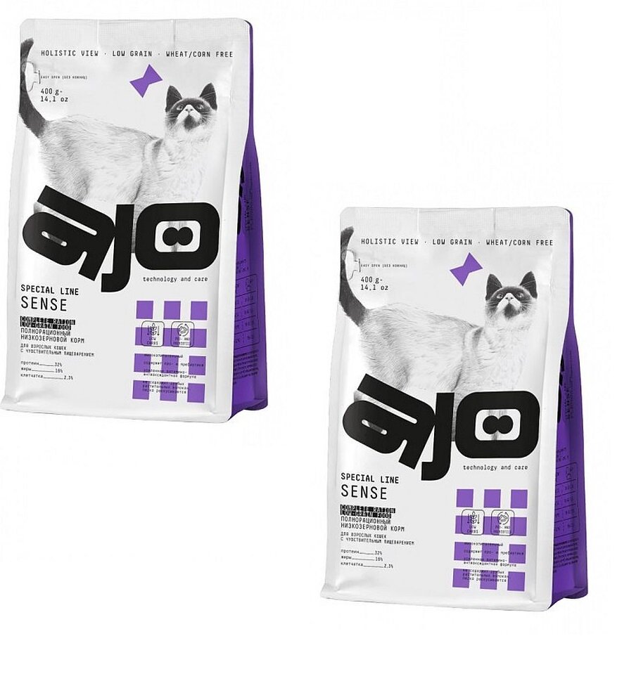 Сухой полнорационный корм AJO Cat Sense для кошек с чувствительным пищеварением с олениной , 400г 2шт