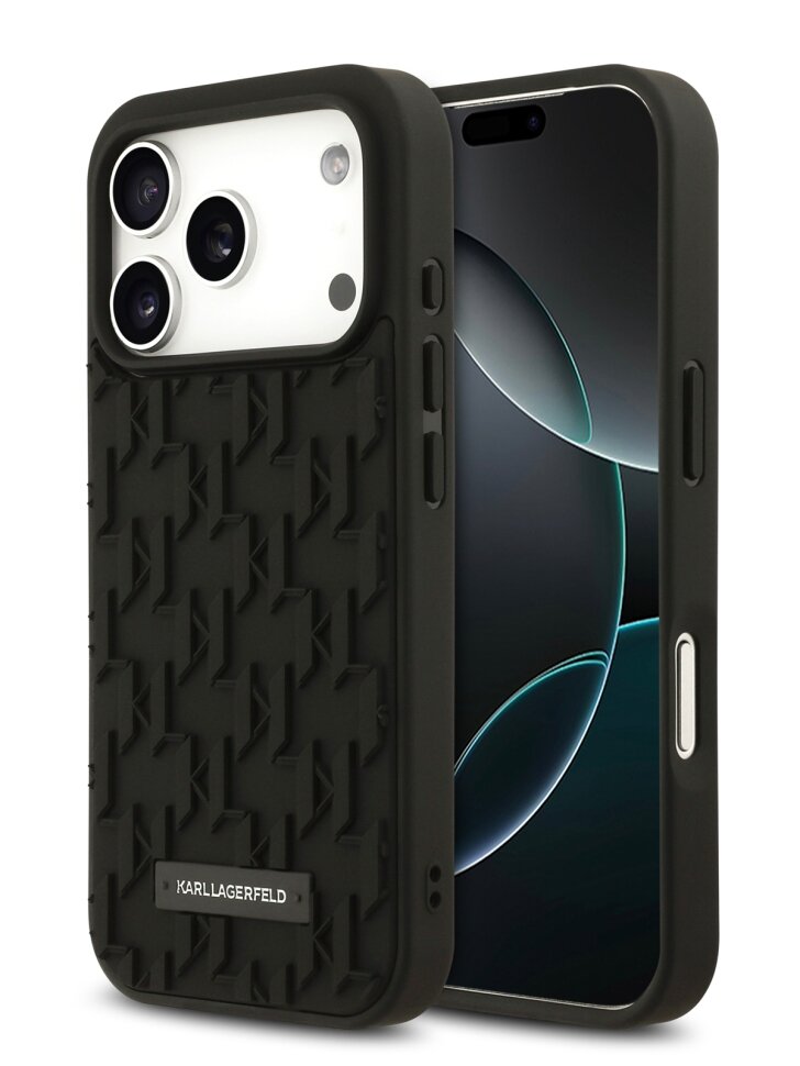 Karl Lagerfeld чехол для iPhone 17 Pro, 3D Rubber Monogram с метал. логотипом, черный