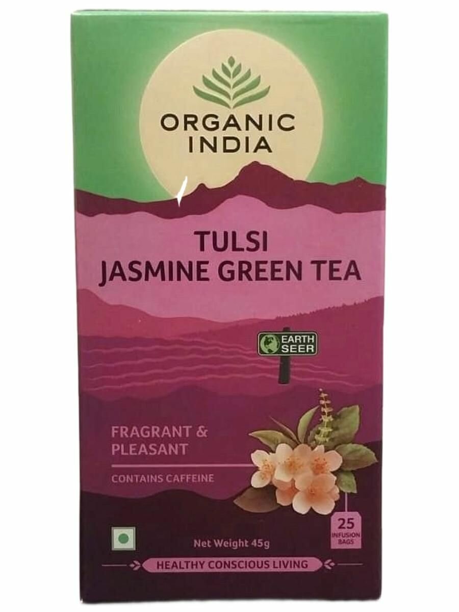 Тулси Зеленый чай с жасмином. Tulsi jasmine green tea. Organic India. (25 пакетиков в упаковке).