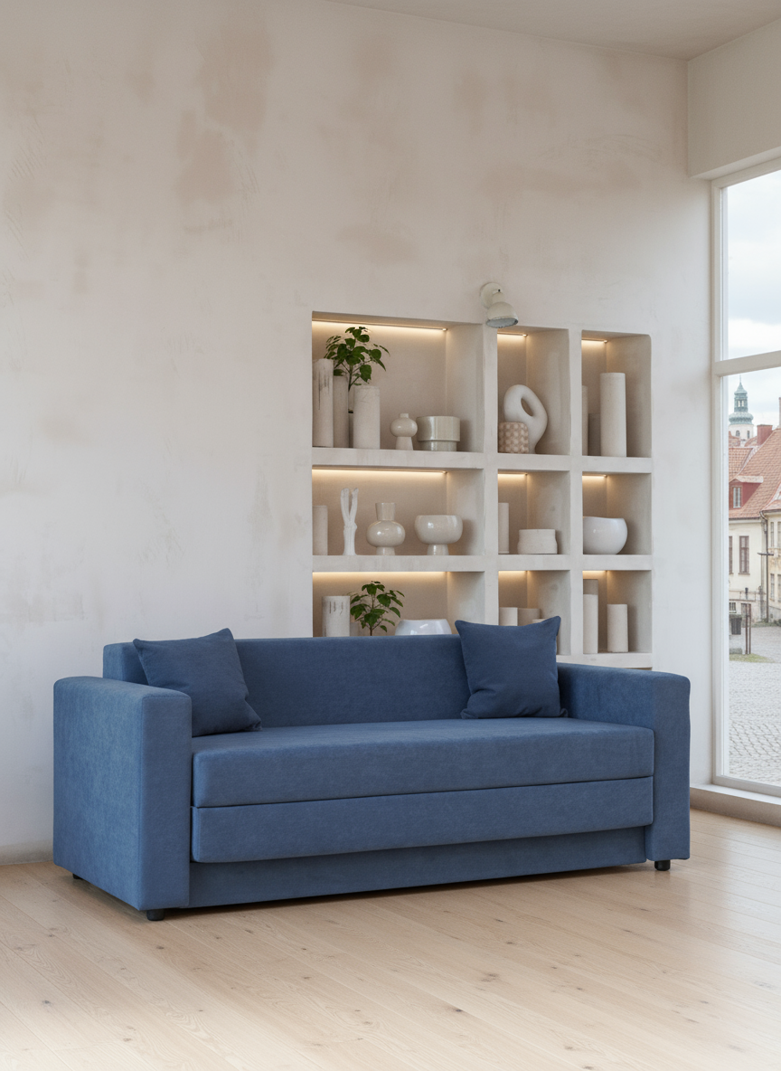 Диван Верона, синий, аккордеон, диван-кровать, ящик для белья, микровелюр