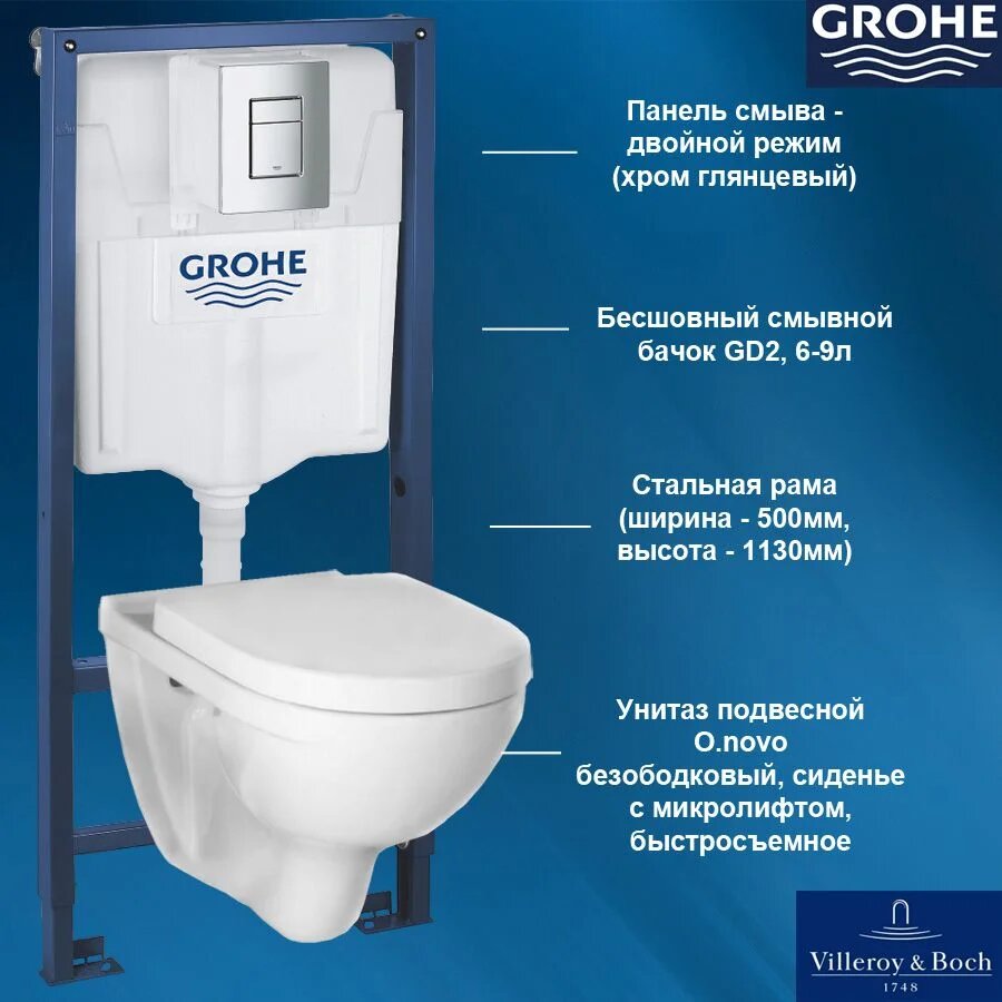 38772001V1 Комплект инсталляция GROHE 38772001 и унитаз подвесной безободковый VILLEROY&BOCH O.novo 5660HR01 с сиденьем микролифт