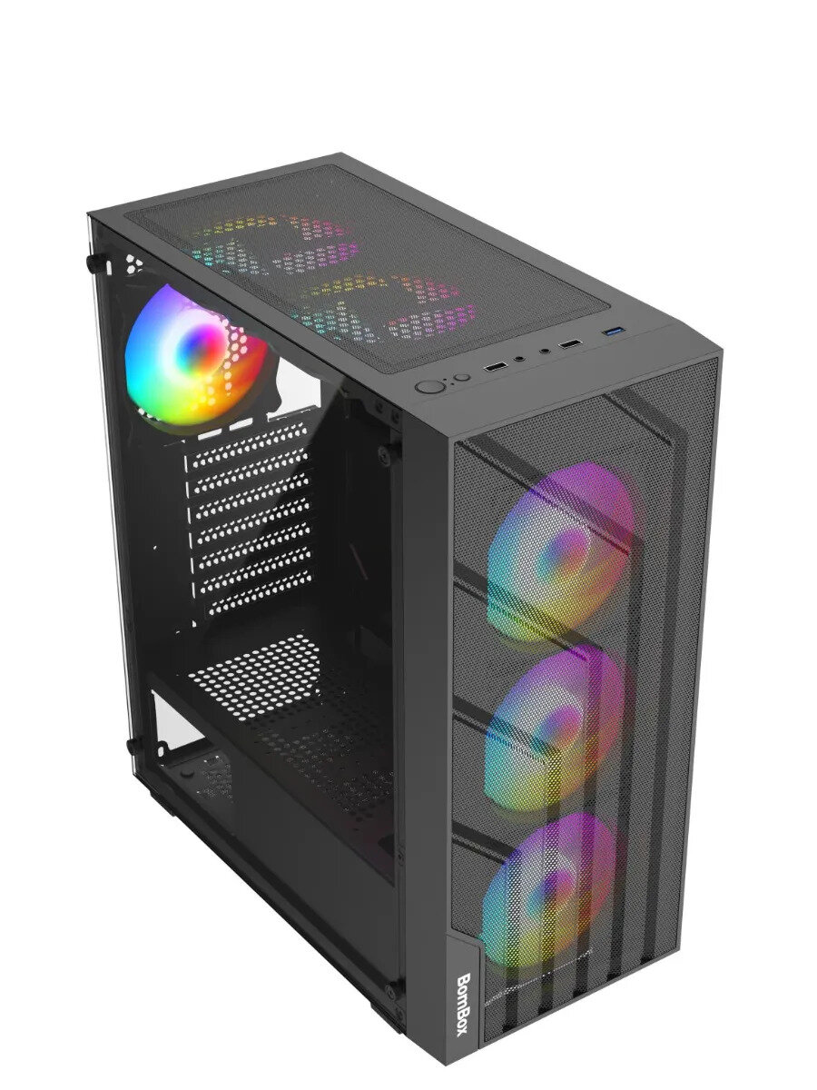 Корпус компьютерный BomBox (195-01F/G350 ARGB) Black без БП, 6*ARGB fan, 1*USB3.0 + 2*USB2.0, закал