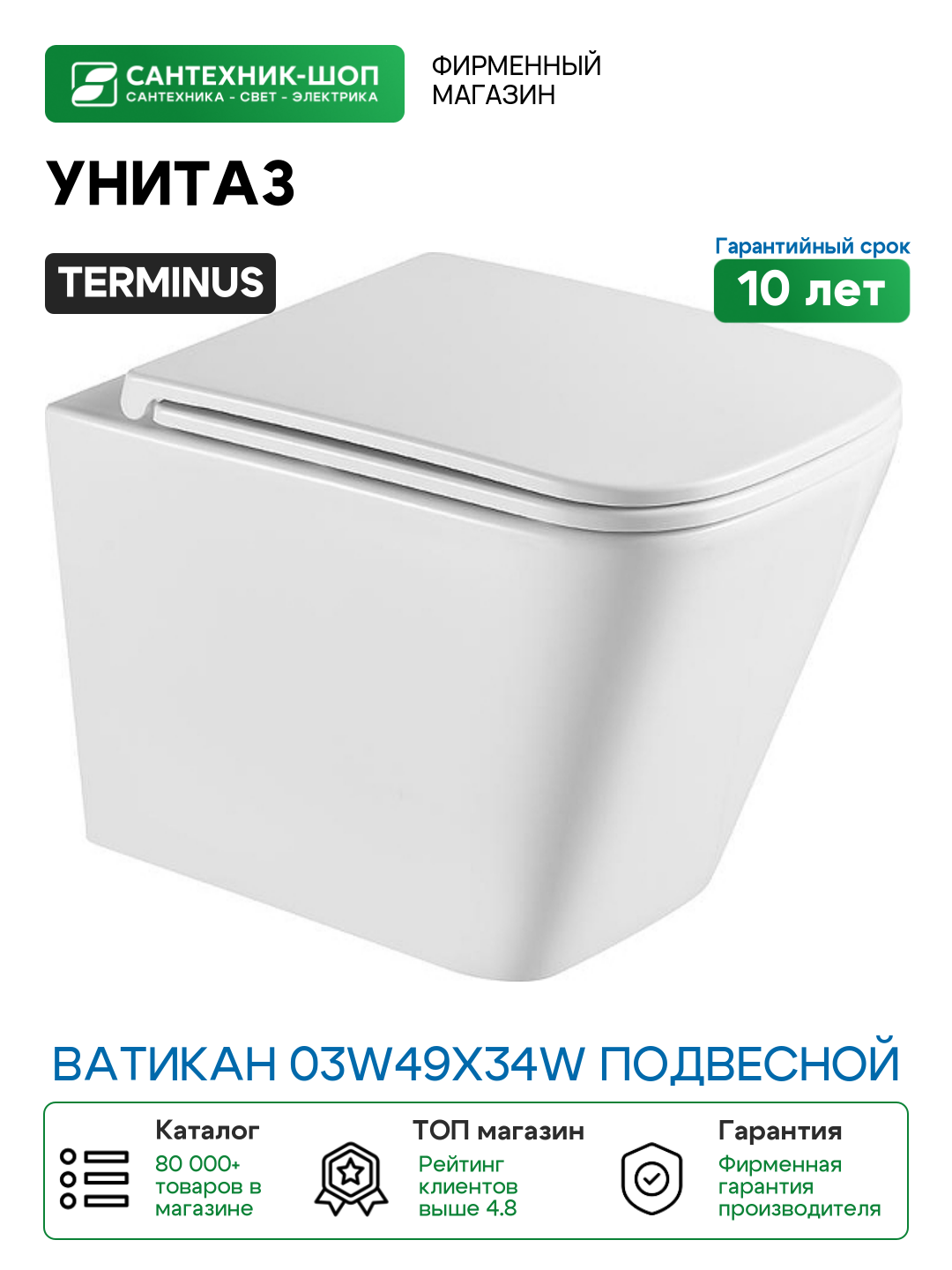 Унитаз Terminus Ватикан 03W49x34W подвесной цвет Белый с сиденьем Микролифт
