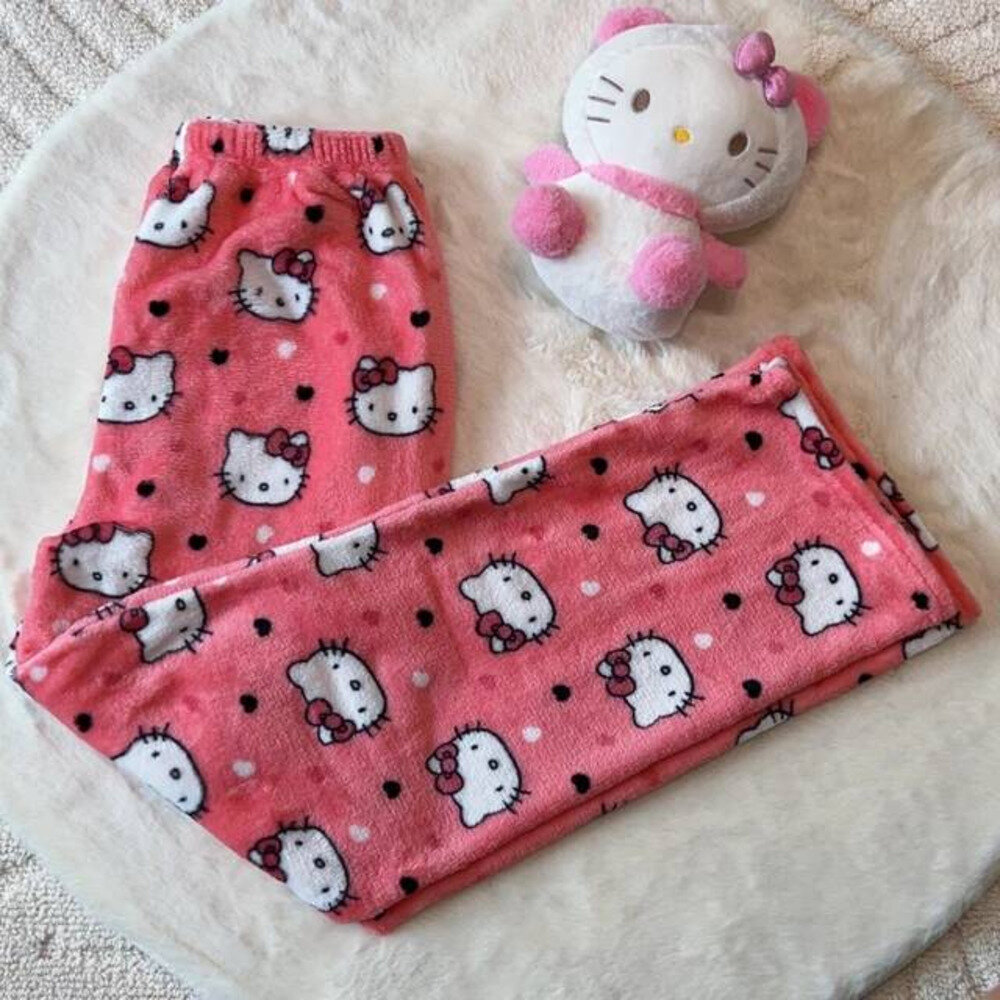 Пижамные штаны Sanrio Hello Kitty, черные с розовым рисунком, фланелевые, женские, теплые шерстяные, белые, с мультяшным рисунком, повседневные, домашние, осенние, для девочек.