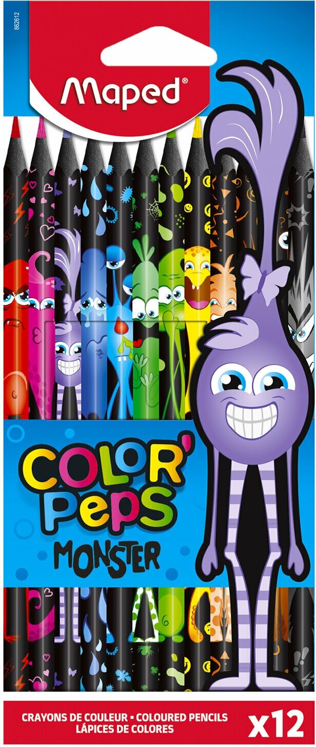 Карандаши цветные MAPED "COLOR PEP'S Black Monster", набор 12 цветов, пластиковый корпус, 862612
