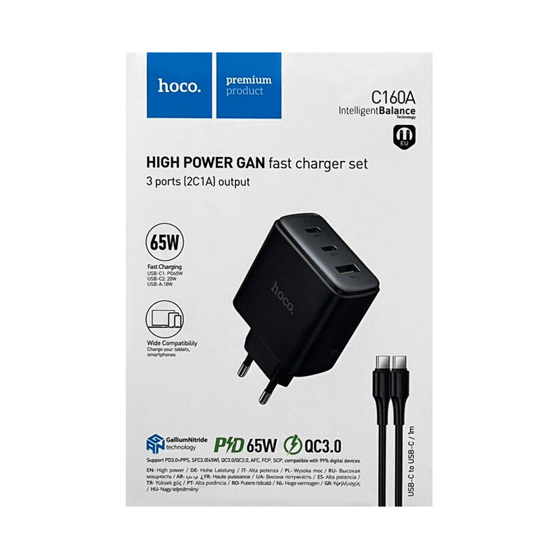 Сетевое зарядное устройство Hoco C160A 65W+кабель Type-C черный