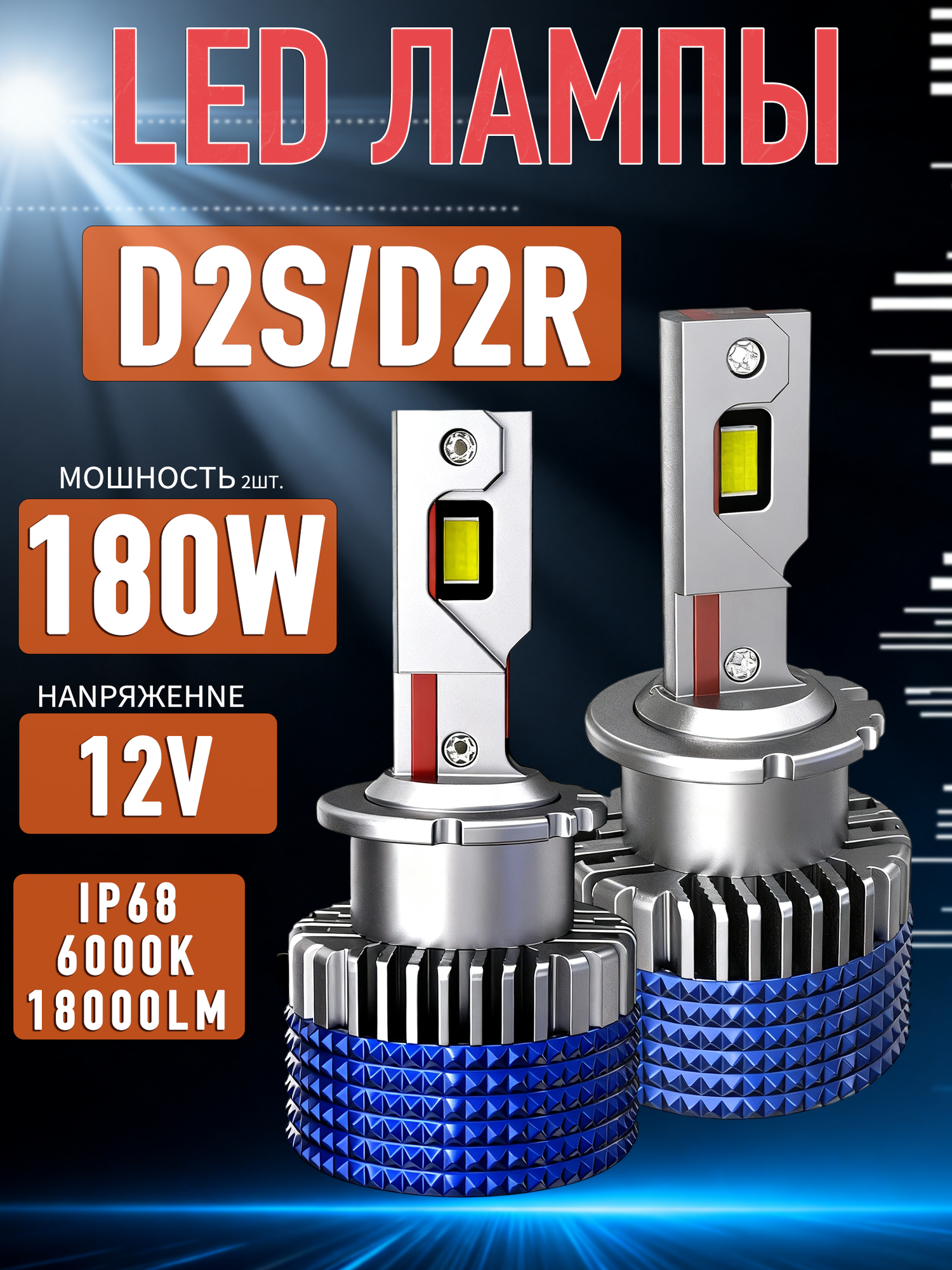 Светодиодные лампы ксеноновые LED OLOEY D2S D2R 12V 180Ватт 18000lm 6000K кулер для автомобиль фара комплект 2 шт