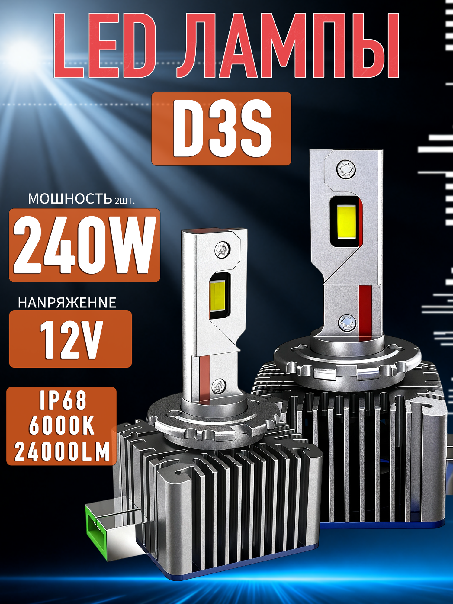 Светодиодные лампы ксеноновые LED OLOEY D3S D3R 12V 180Ватт 18000lm 6000K кулер для автомобиль фара комплект 2 шт