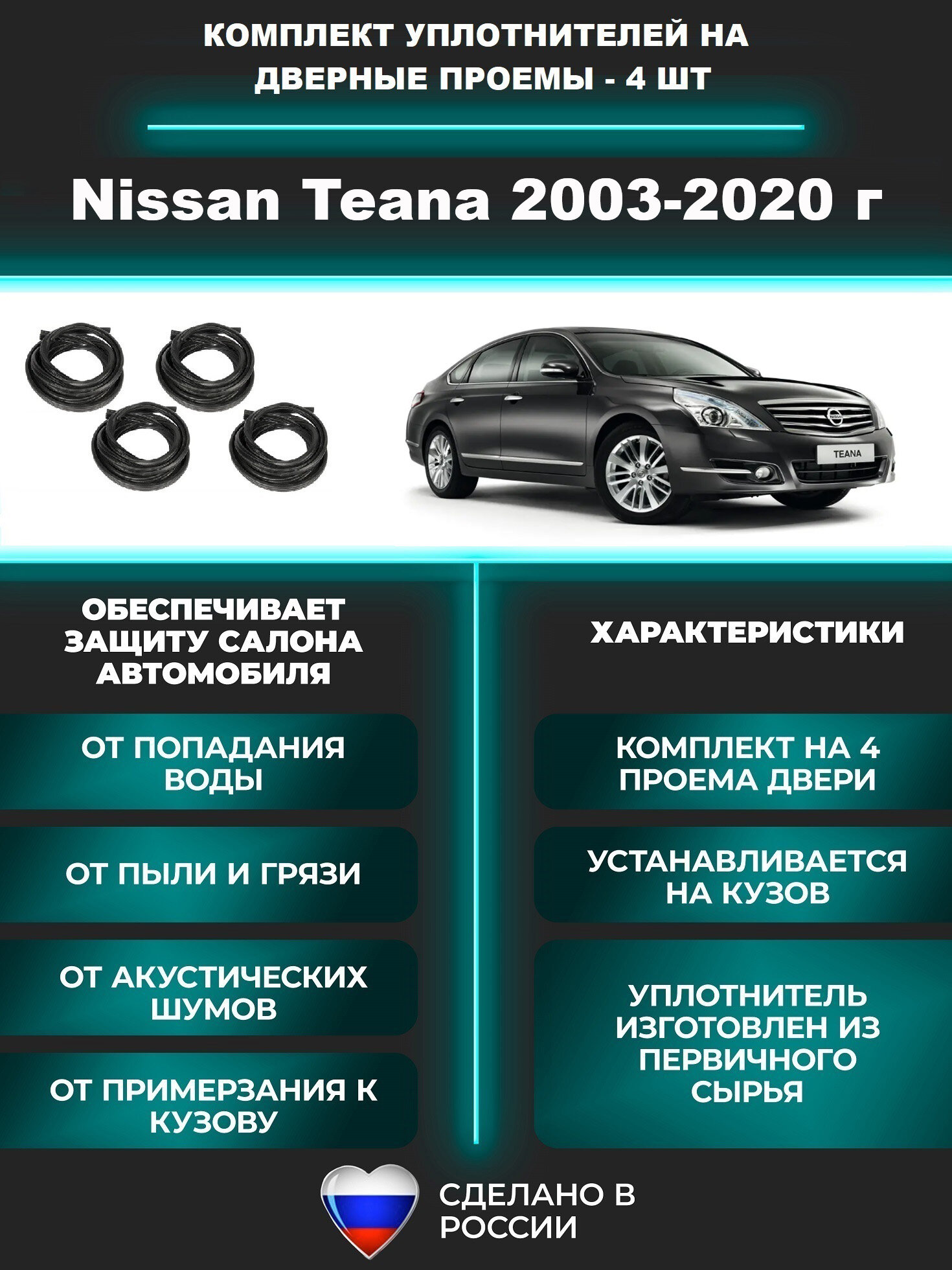 Комплект уплотнителей на проем дверей для Nissan Teana 2003-2020 г / Ниссан Теана, 4 шт
