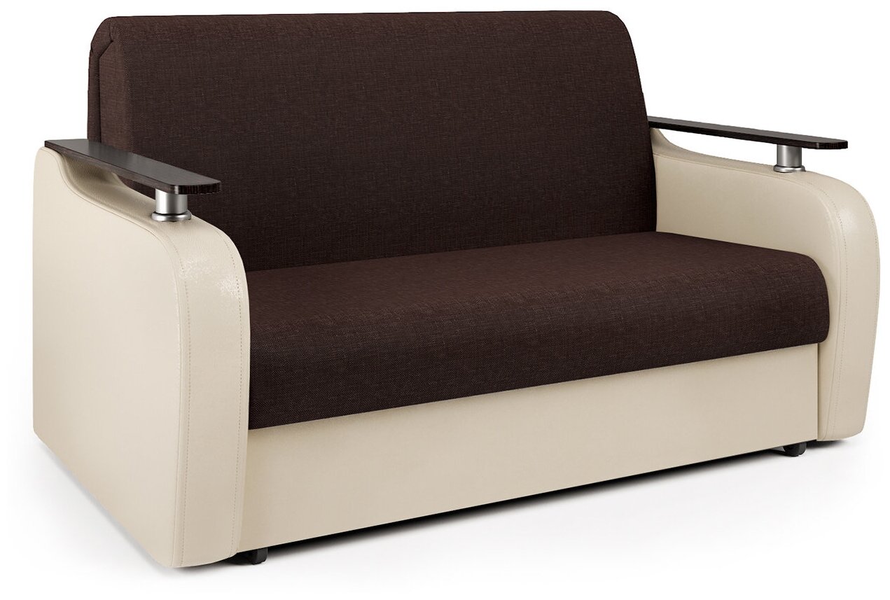 Диван-кровать Гранд Д 120х194 см, прямой, раскладной аккордеон, с ящиком для белья, рогожка шоколад и экокожа беж