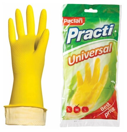 Перчатки хозяйственные латексные, х/б напыление, разм M (средний), желтые, PACLAN "Practi Universal"