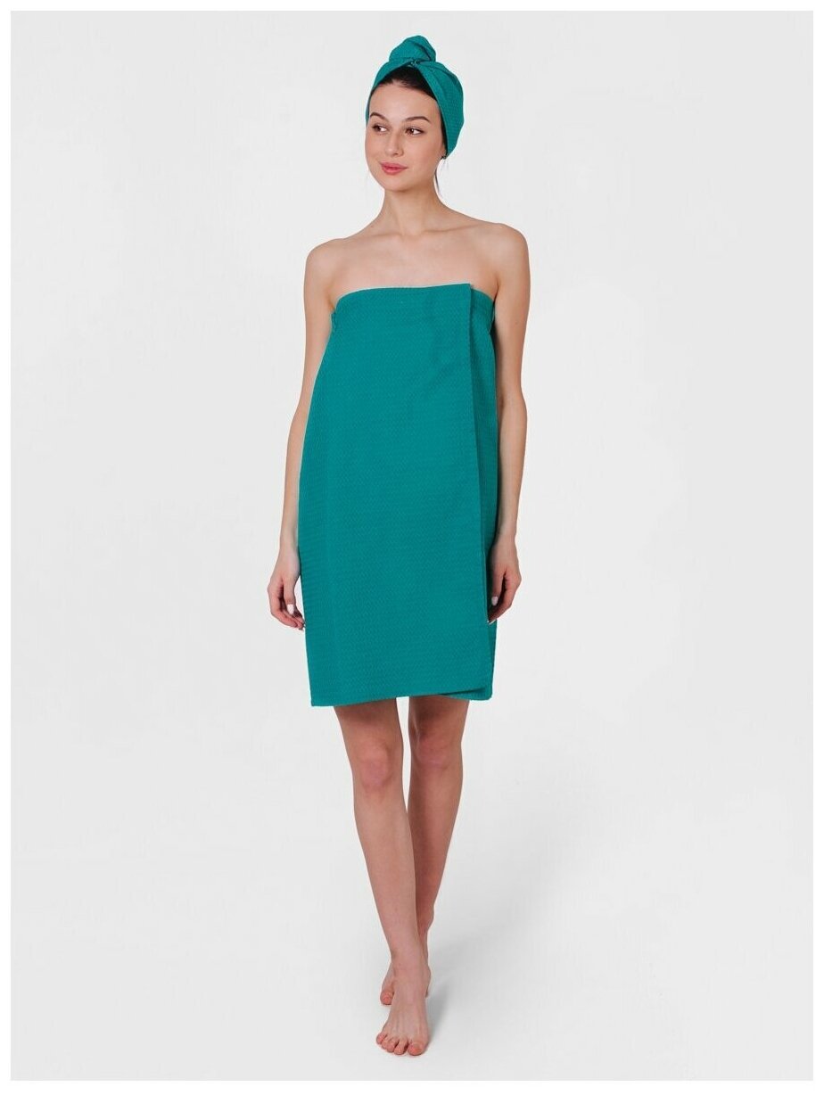 Набор женский вафельный 75*140 изумрудный BIO-TEXTILES для бани и сауны накидка парео и чалма