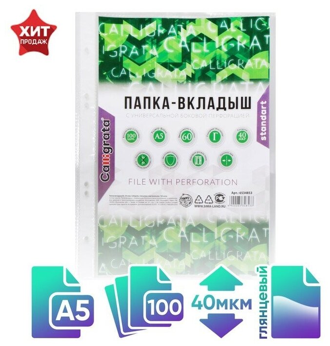 Файл - вкладыш Calligrata, А5, 40 мкм, глянцевый, вертикальный, 100 штук