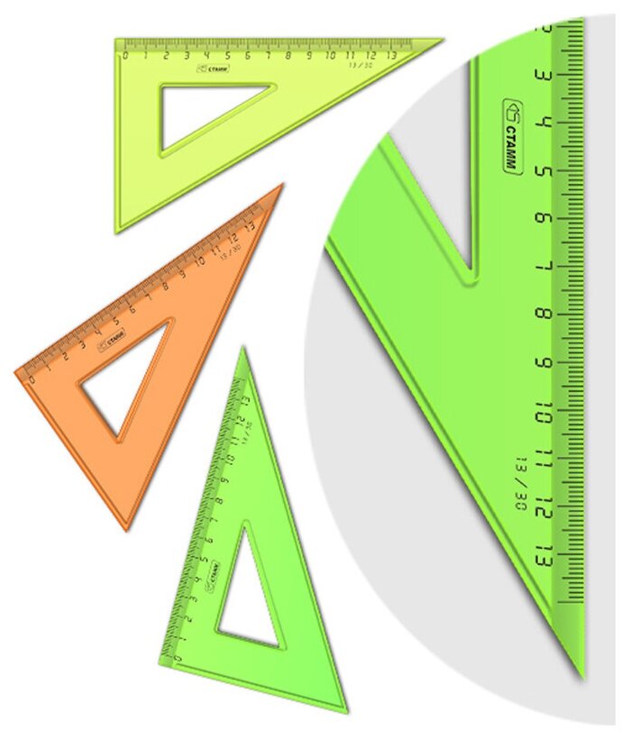 40 шт. Треугольник 30°, 13см СТАММ, пластиковый, прозрачный, неоновые цвета, ассорти