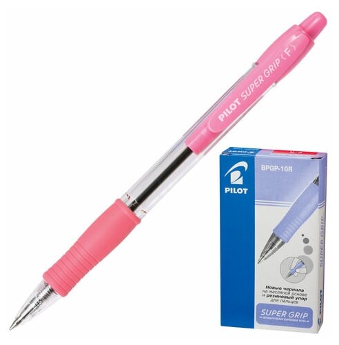 Ручка шариковая масляная автоматическая с грипом PILOT "Super Grip", синяя, розовые детали, линия письма 0.32 мм, BPGP-10R-F