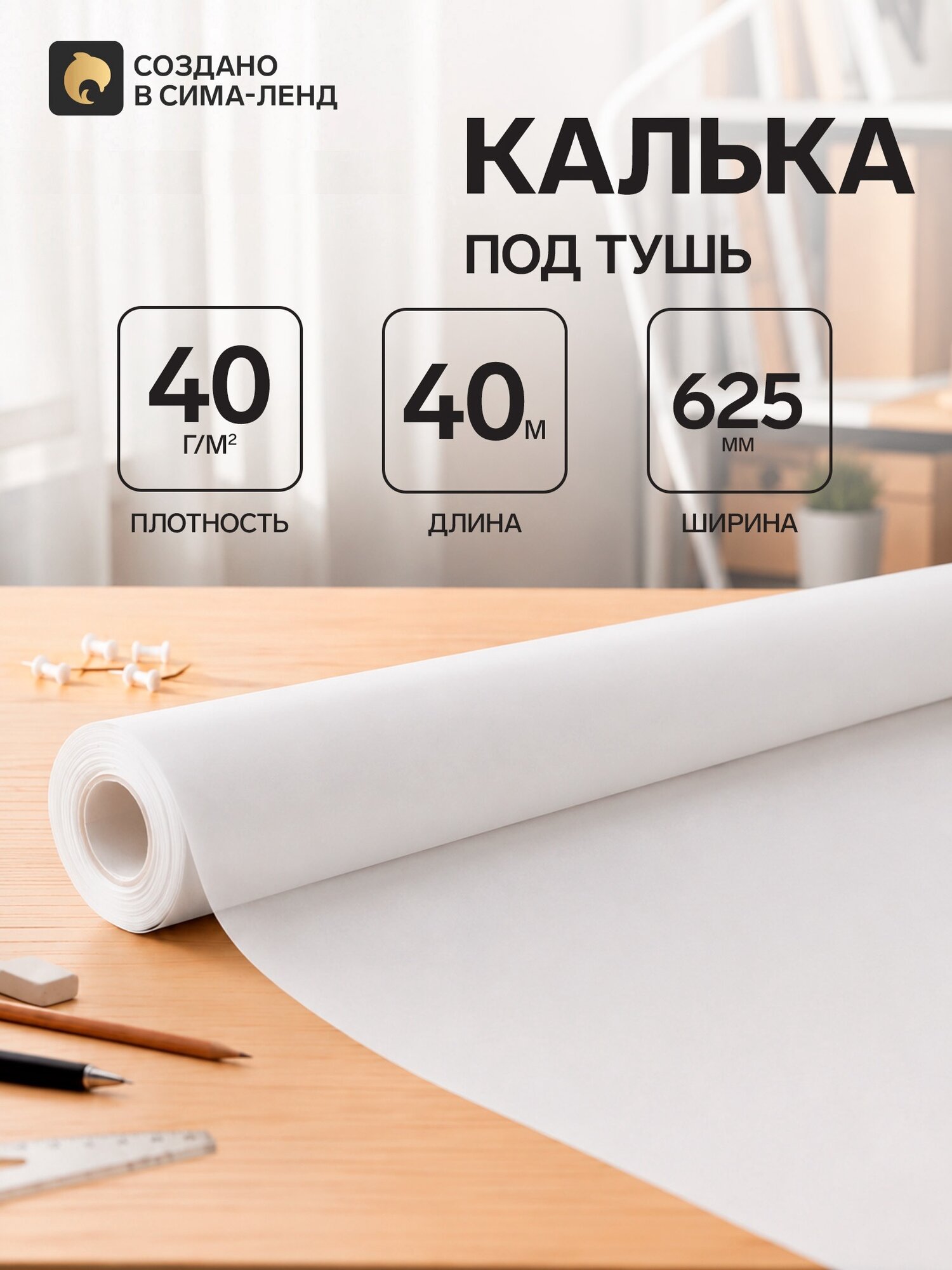 Калька чертёжная под тушь, ширина 625 мм, в рулоне 40 метров, 40 г/м²