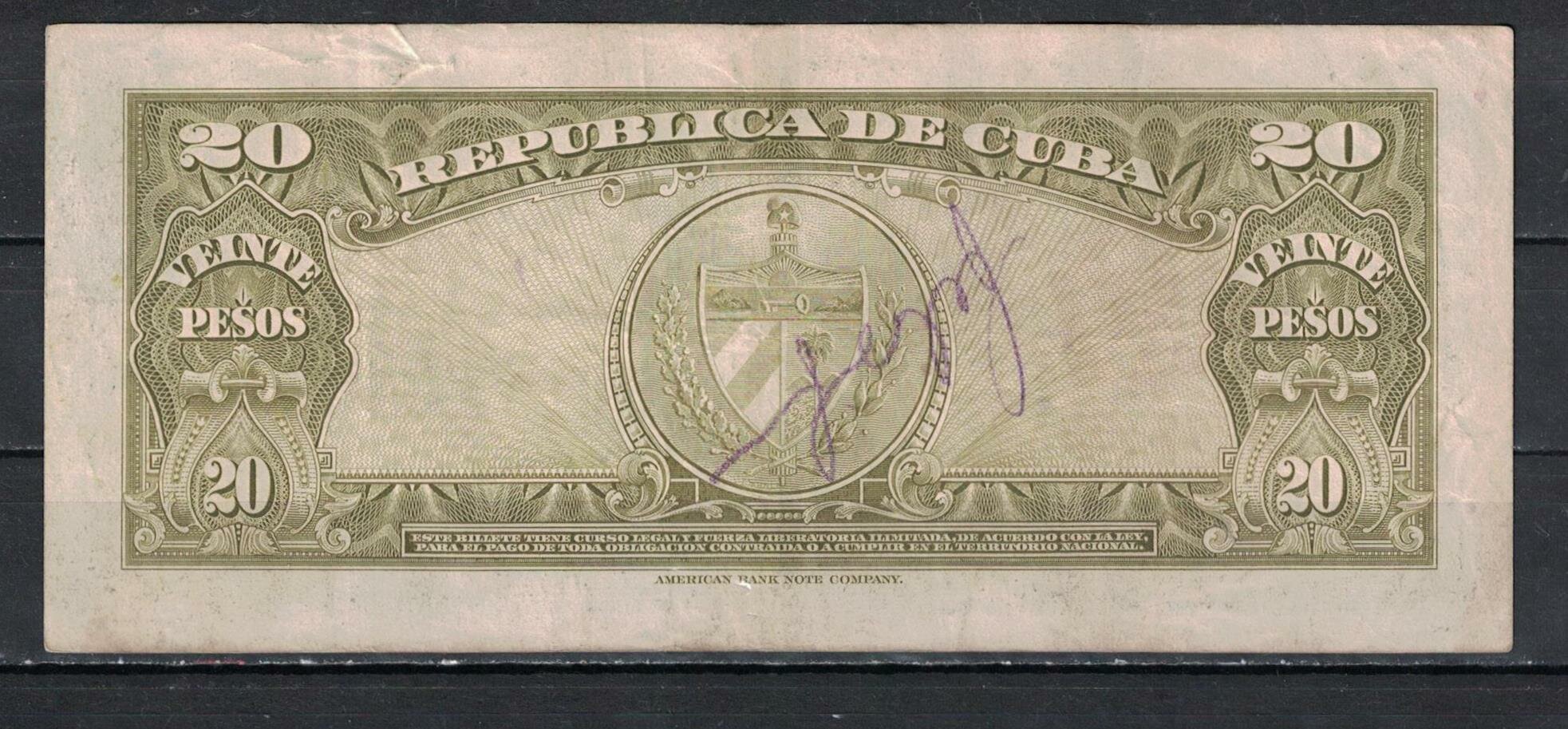 Купюра (бона) Куба 1958г. "VEINTE PESO" VG