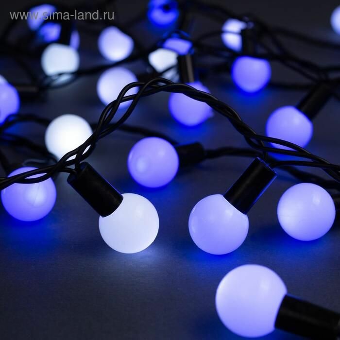 Гирлянда Нить 10 м с насадками Шарики 2.5 см , IP44, тёмная нить, 100 LED, свечение бело-синее, мигание, 220 В