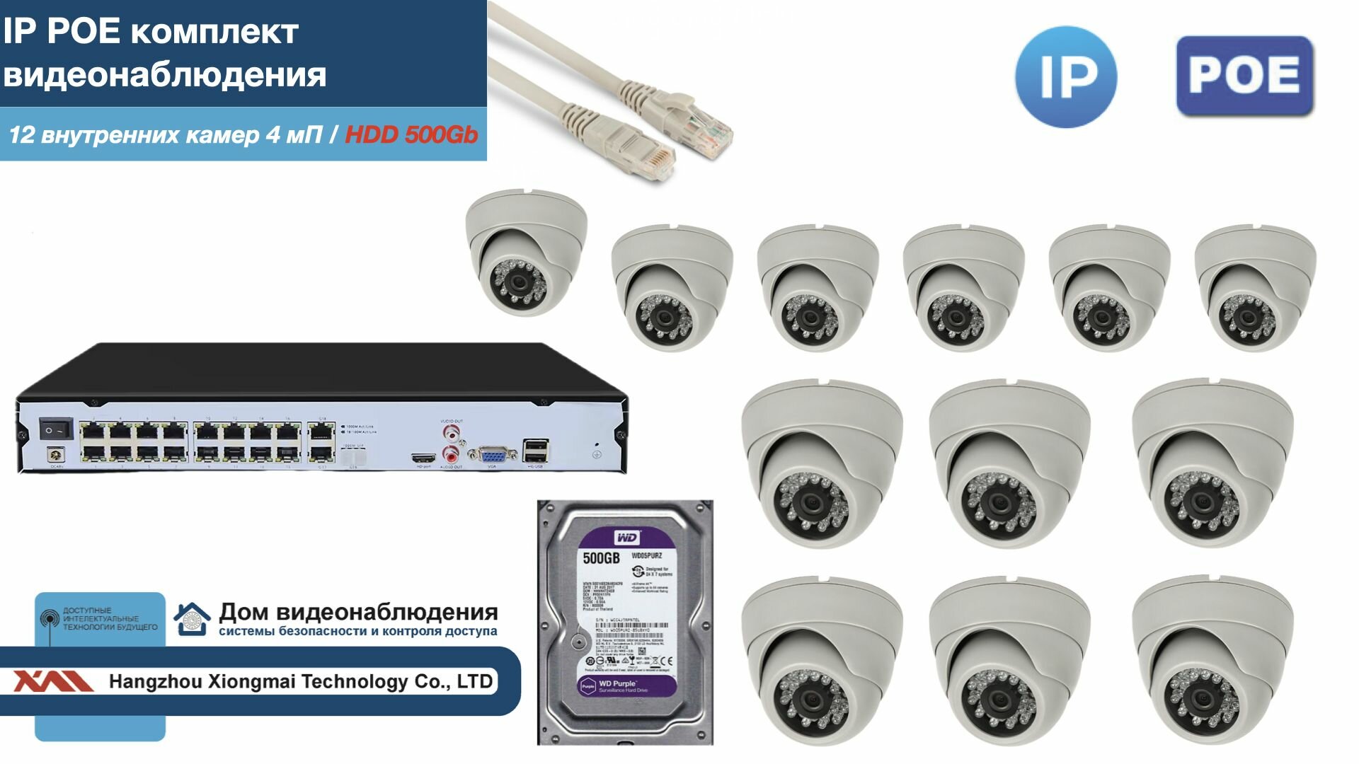 Полный IP POE комплект видеонаблюдения на 12 камер (KIT12IPPOE300W4MP-2-HDD500Gb)
