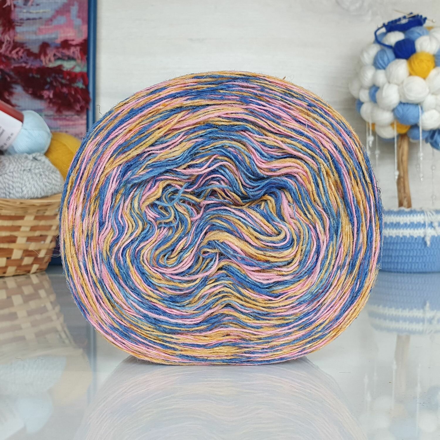 Пряжа Ангорка меланж Рассказовская, ноготки-яр. гол-пудра - 27_2, 95% шерсть ангорской козы, 5% акрил, 2 мотка, 250 г, 700 м.