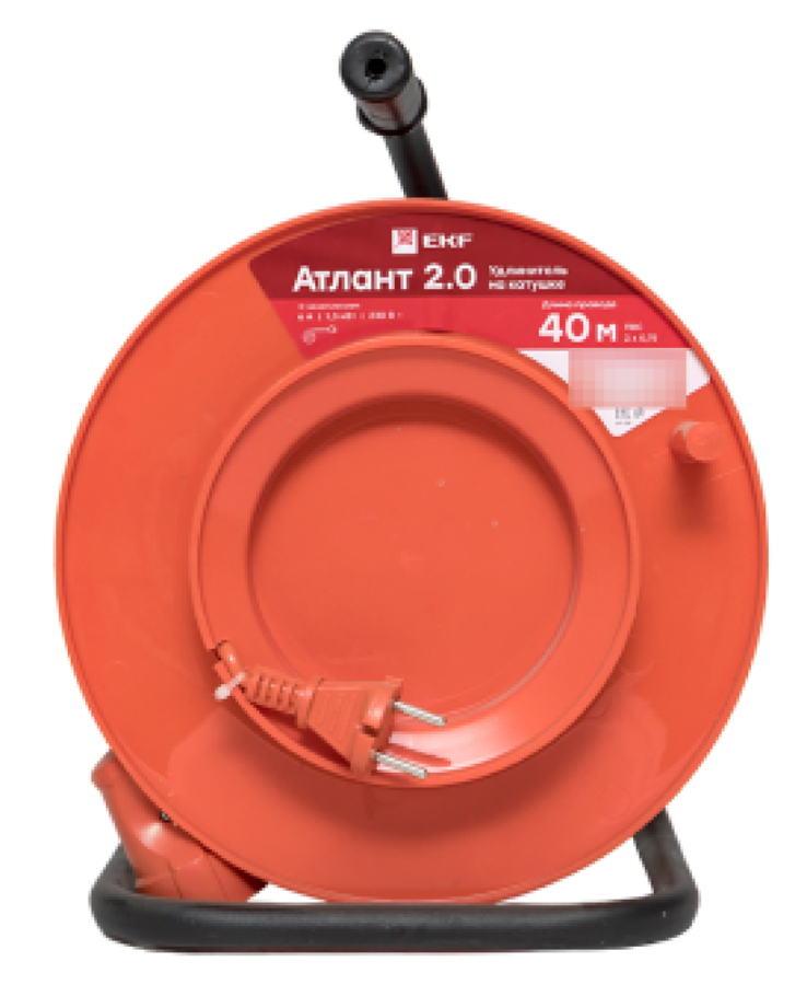 Удлинитель силовой на катушке EKF / ЕКФ PROxima Атлант 2.0 без заземления, провод ПВС 2х0.75 оранжевый 1 розетка, 6А 1.3кВт 40м, UKA02-06-275-1-40 / электрика
