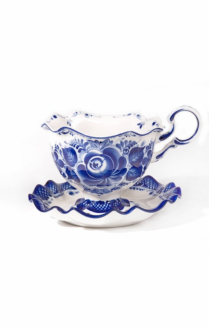 Чайная пара из фарфора "Снежинка" гжель.