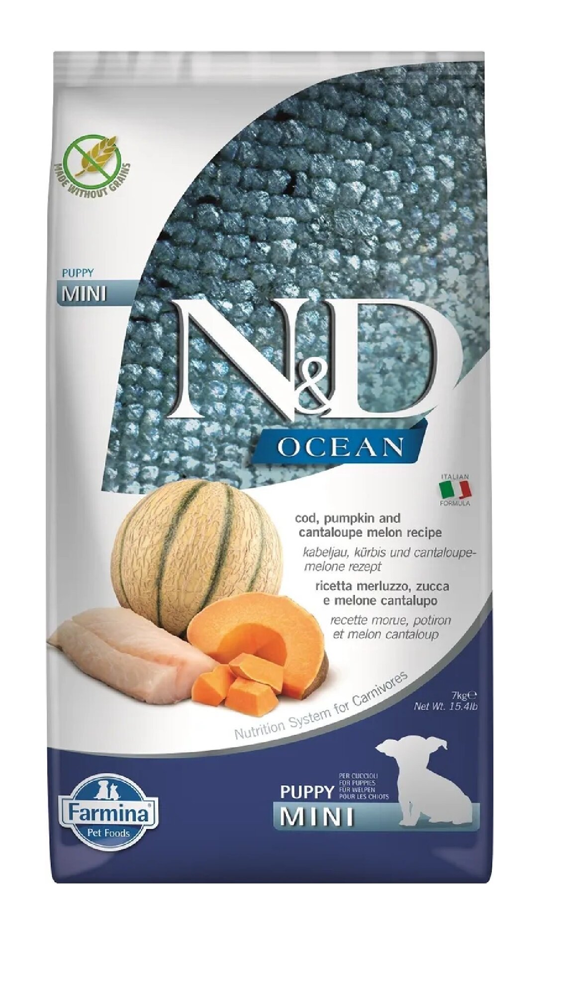 Корм сухой Farmina ND Ocean Dog Cod Pumpkin Cantaloupe Melon PUPPY MINI для щенков мелких пород треска тыква и дыня 7кг