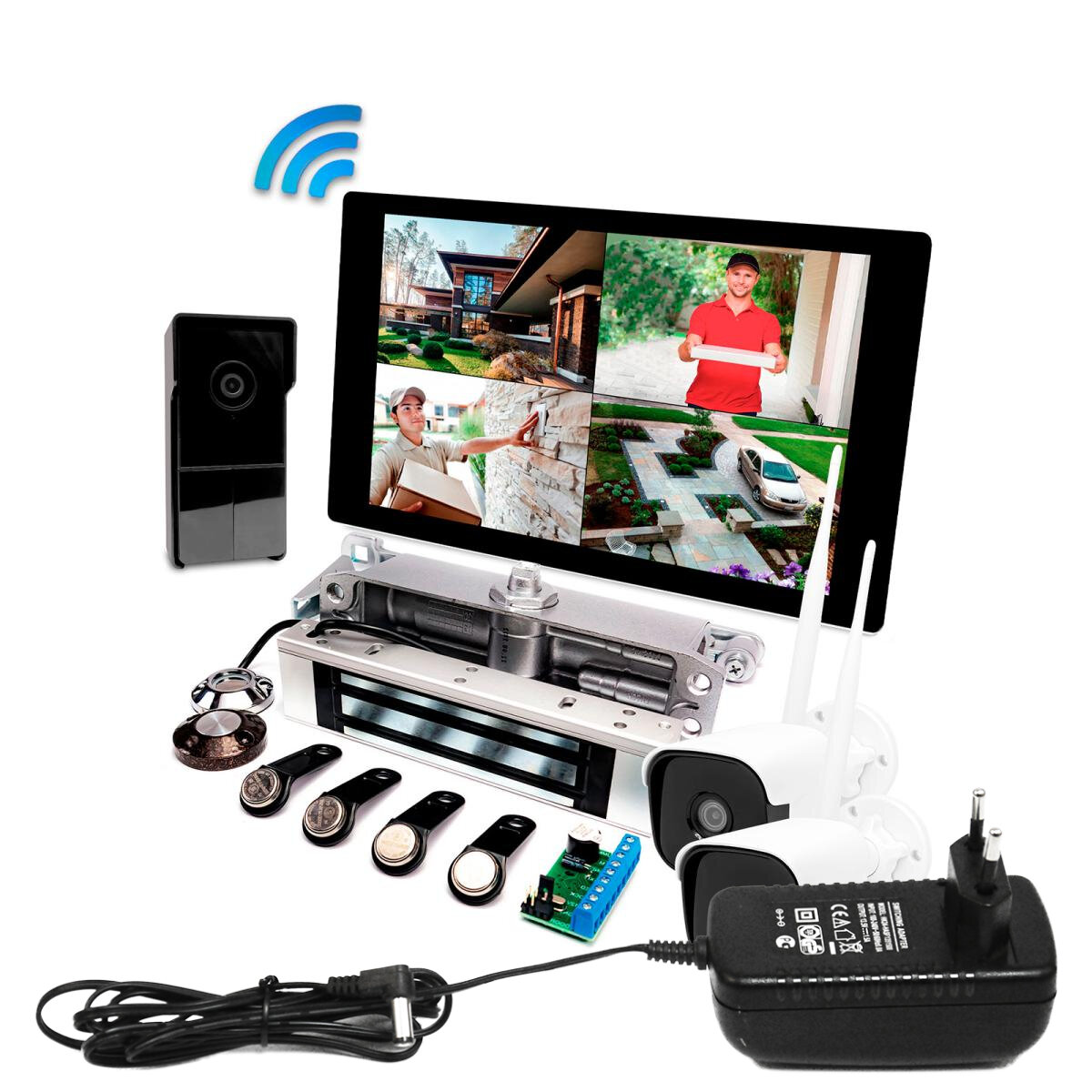 Беспроводной домофон TUYA с 2 камерами и электромагнитным замком - Sky-Net 1000 (1+2+180G): HD Wi-Fi экран 10 дюймов, вызывная панель, 2 видеокамеры и