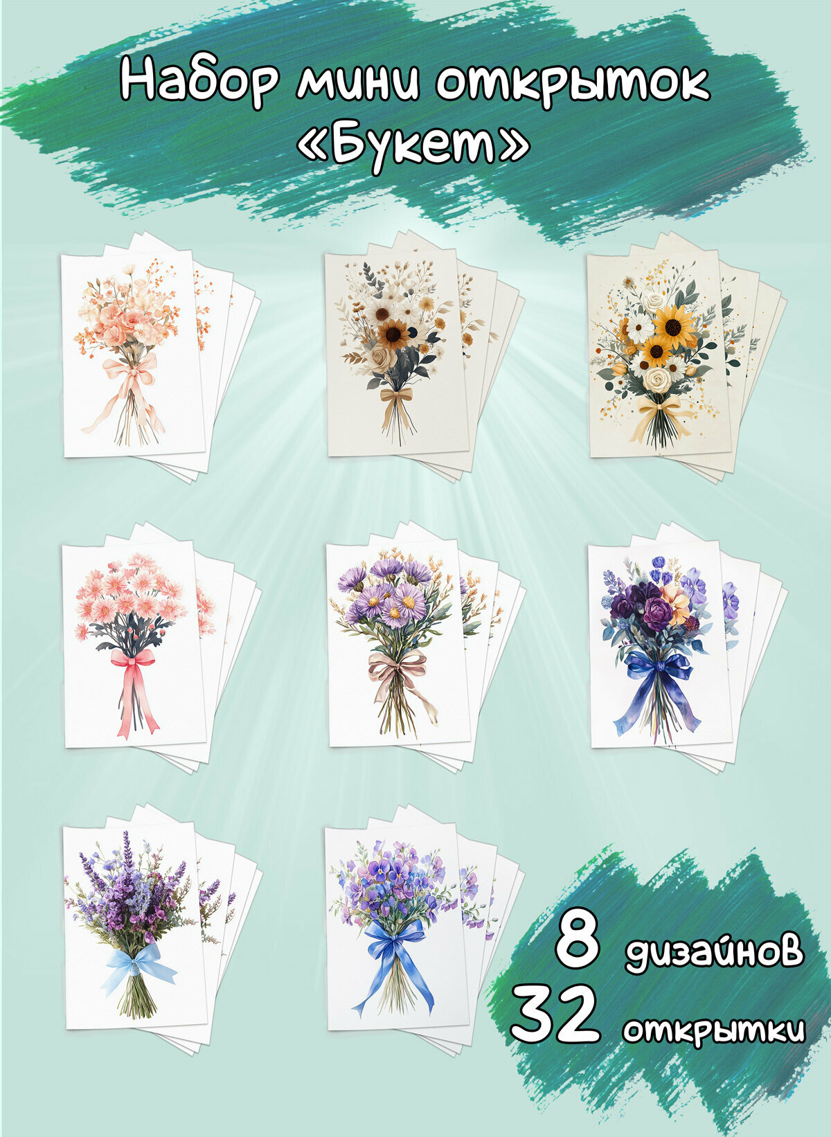 Набор мини открыток "Букет" (размер 7 x 10 см)