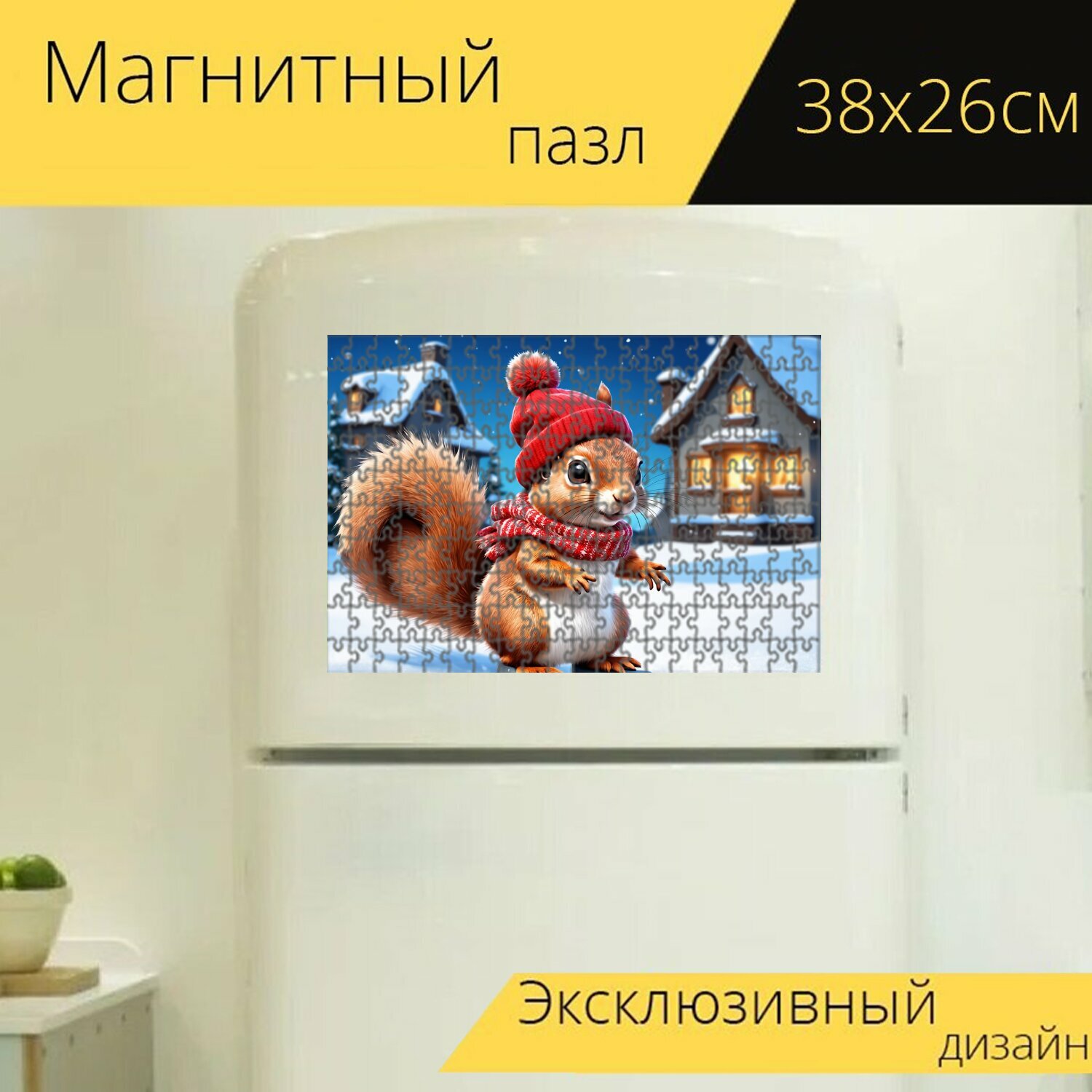Магнитный пазл "Милый беличонок в красной шапке и шарфе катается на коньках по ледяному покрытию. На фоне заснеженные дома с ярко светящимися окнами." для интерьера, 38х26 см.