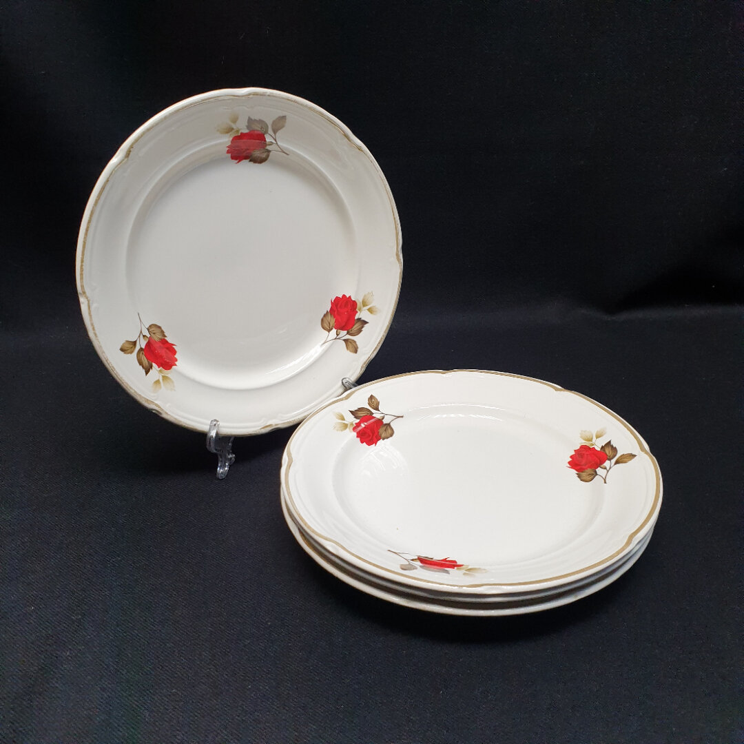 Набор из 4 столовых тарелок Конакова, фаянс деколь позолота 20 см, винтаж СССР