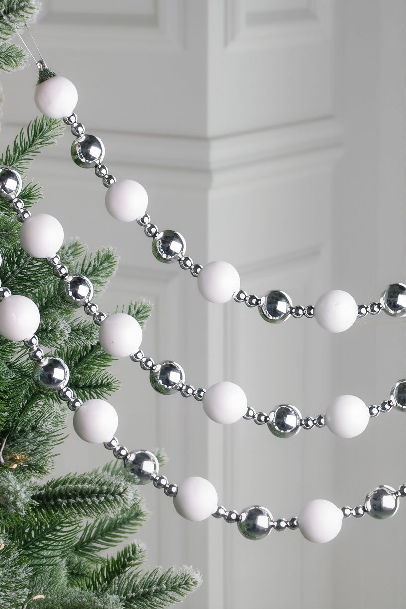 Бусы на ёлку коллана классико, пластик, белые с серебром, 2-2.5 см, 160 см, Winter Deco 1001165