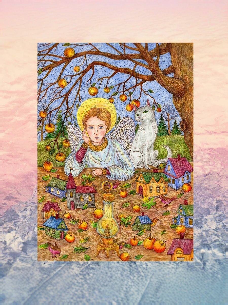 Поздравительная открытка с ангелом и котом "Тихий вечер в старом саду" Открытка с конвертом в подарок