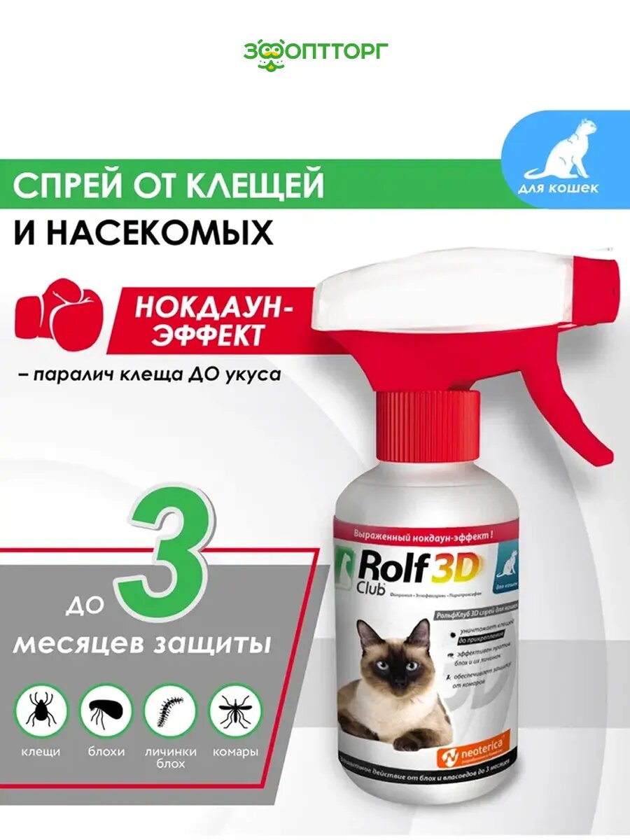 Rolf Club 3D Спрей от клещей и блох для кошек 200 мл.
