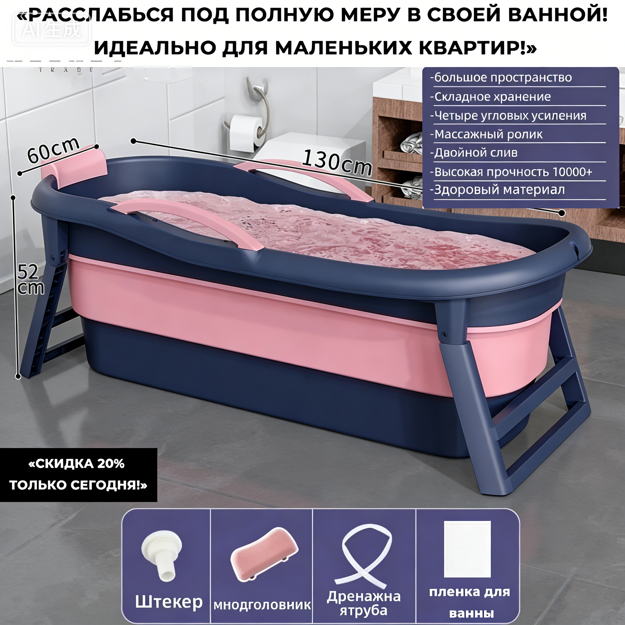 Складная ванна 130 см розово-синяя с массажем и двойным сливом, SPA-комплекс для маленьких квартир с подарком
