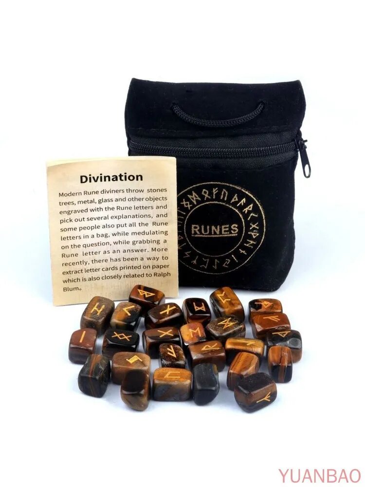 Руны скандинавские для гадания из Тигрового Глаза, Набор 25 шт из натурального камня с мешочком и инструкцией на русском. Оберег от сглаза