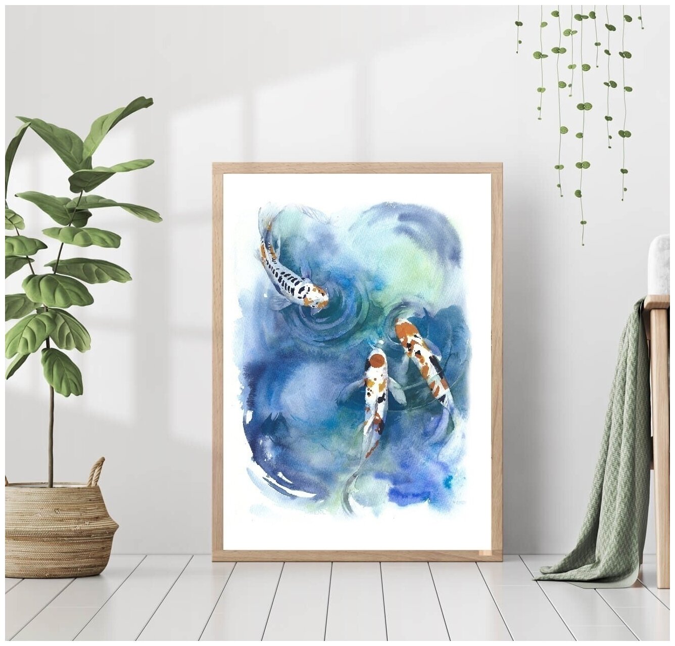 Постер "Рыбки, рисунок акварелью в японском стиле" без рамы 40x50 см на стену для интерьера