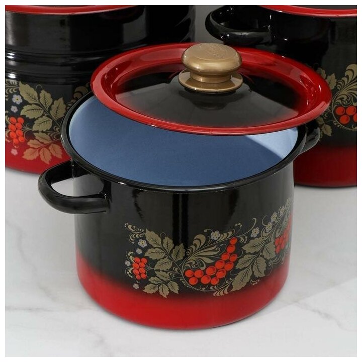 Кастрюля эмалированная 3,5л цилиндрическая с рисунком красно-черная