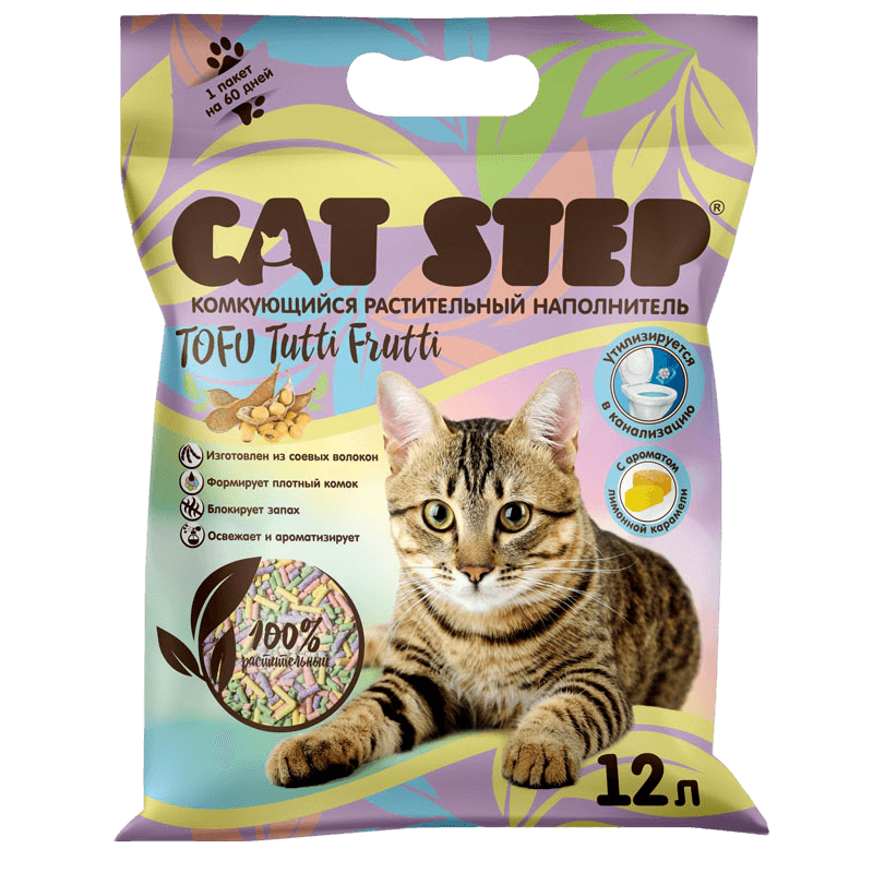 Наполнитель CAT STEP Tofu Tutti Frutti растительный комкующийся, разноцветные гранулы, 12 л