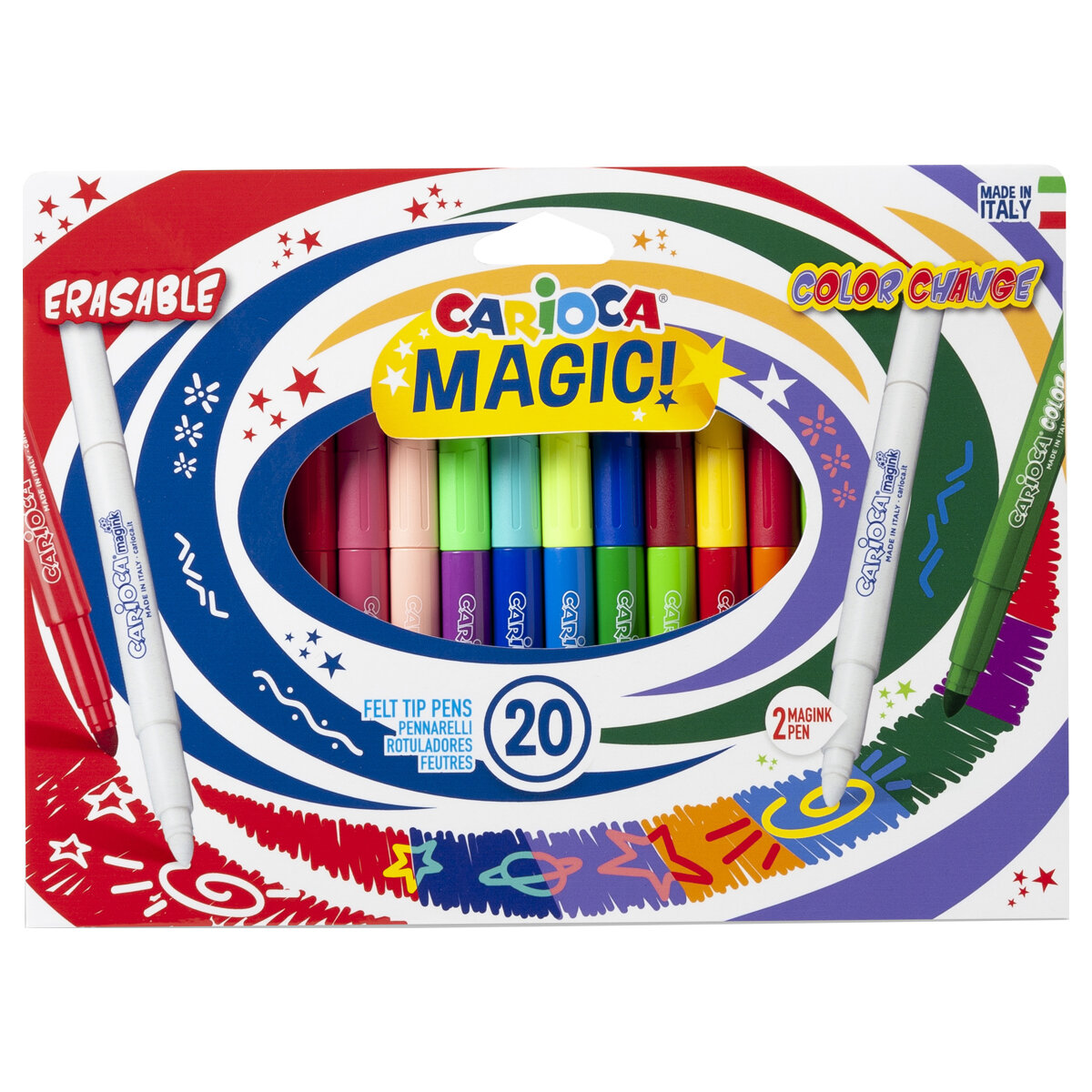 Набор фломастеров 18 цветов Carioca Magic Colors (линия 6мм, смываемые + 1 изменяющий цвет, 1 стирающий) картон. уп. (41369), 24 уп.