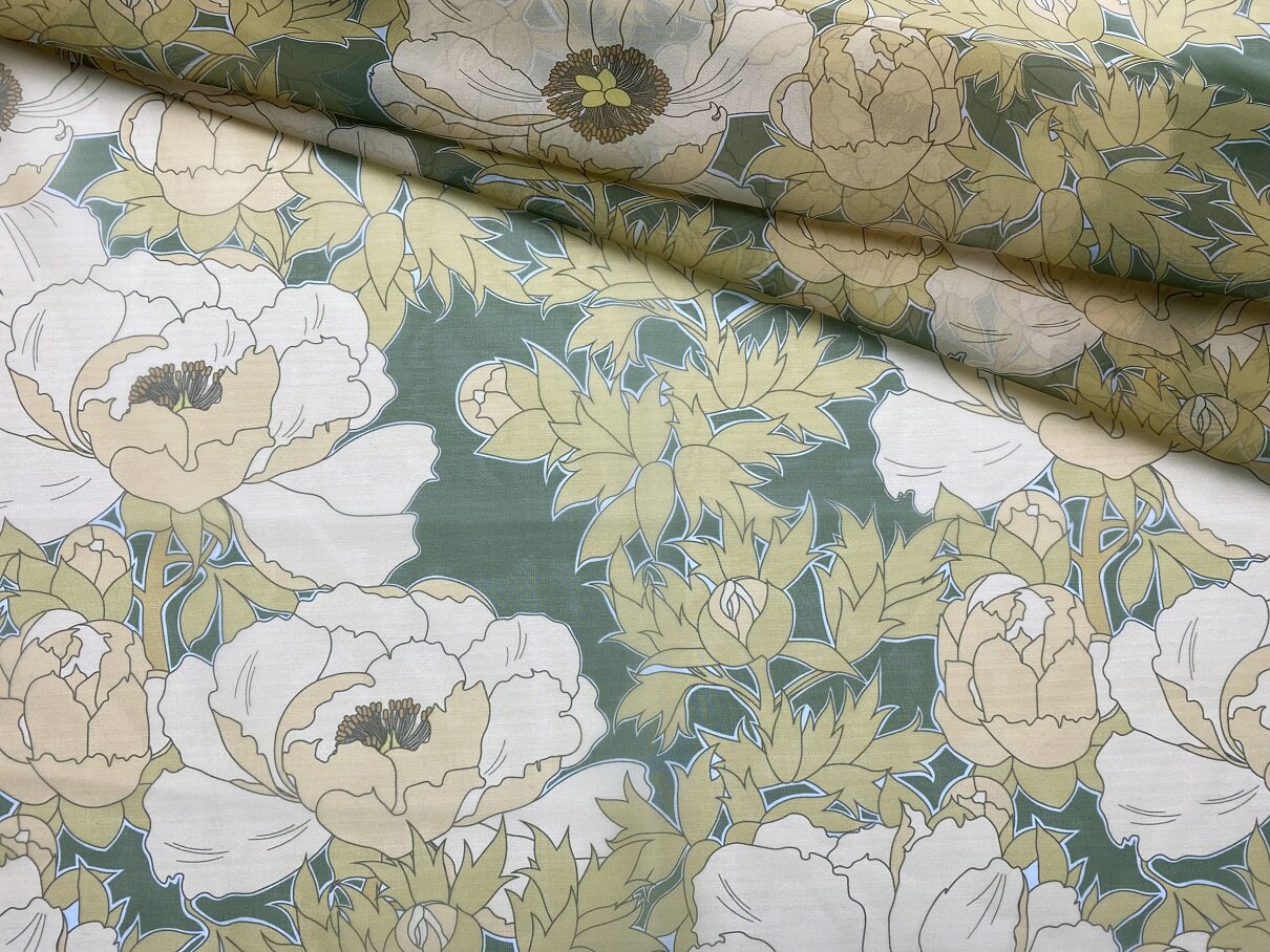Ткань Шифон цвета хаки с принтом бежевые цветы 24107