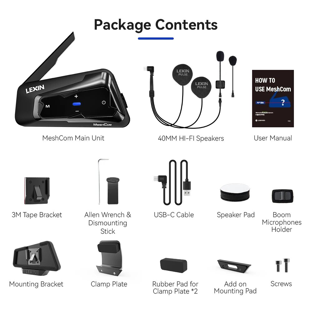 LEXIN-MeshCom Мотоциклетная гарнитура MESH и Bluetooth, домофон, с сетчатой системой связи, параллельным аудиодомофоном, 24 гонщиками 1PCS