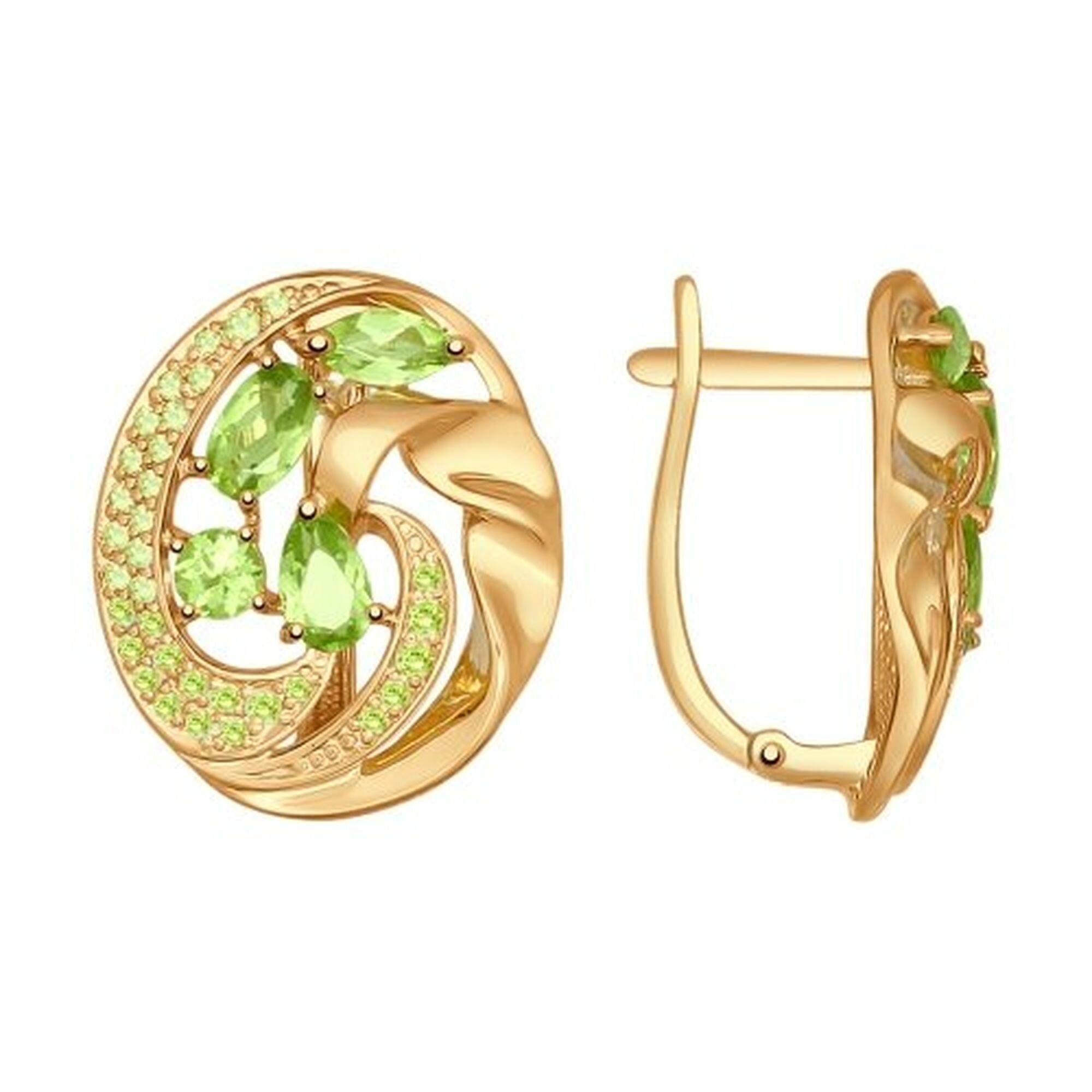 Серьги, красное золото, 585 проба, фианит, хризолит