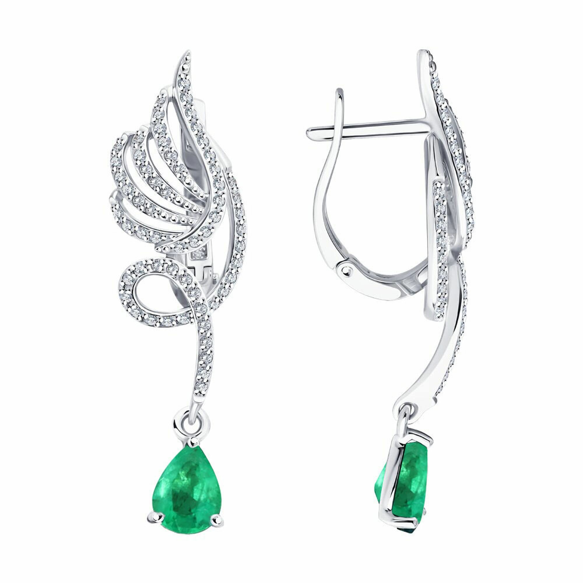 Серьги, белое золото, 585 проба, бриллиант, изумруд