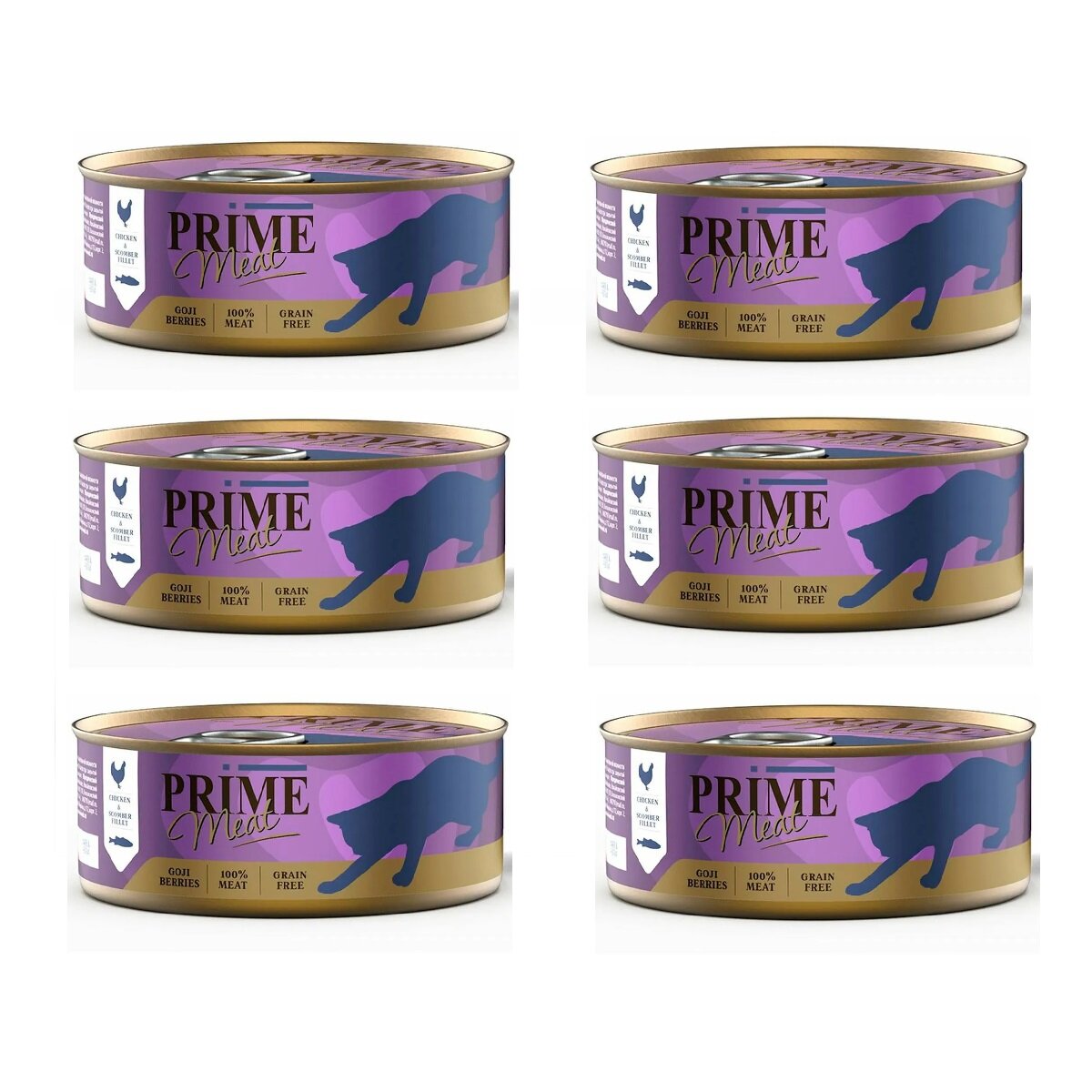 PRIME MEAT Консервы Курица со скумбрией филе в желе для кошек 100г (6шт)
