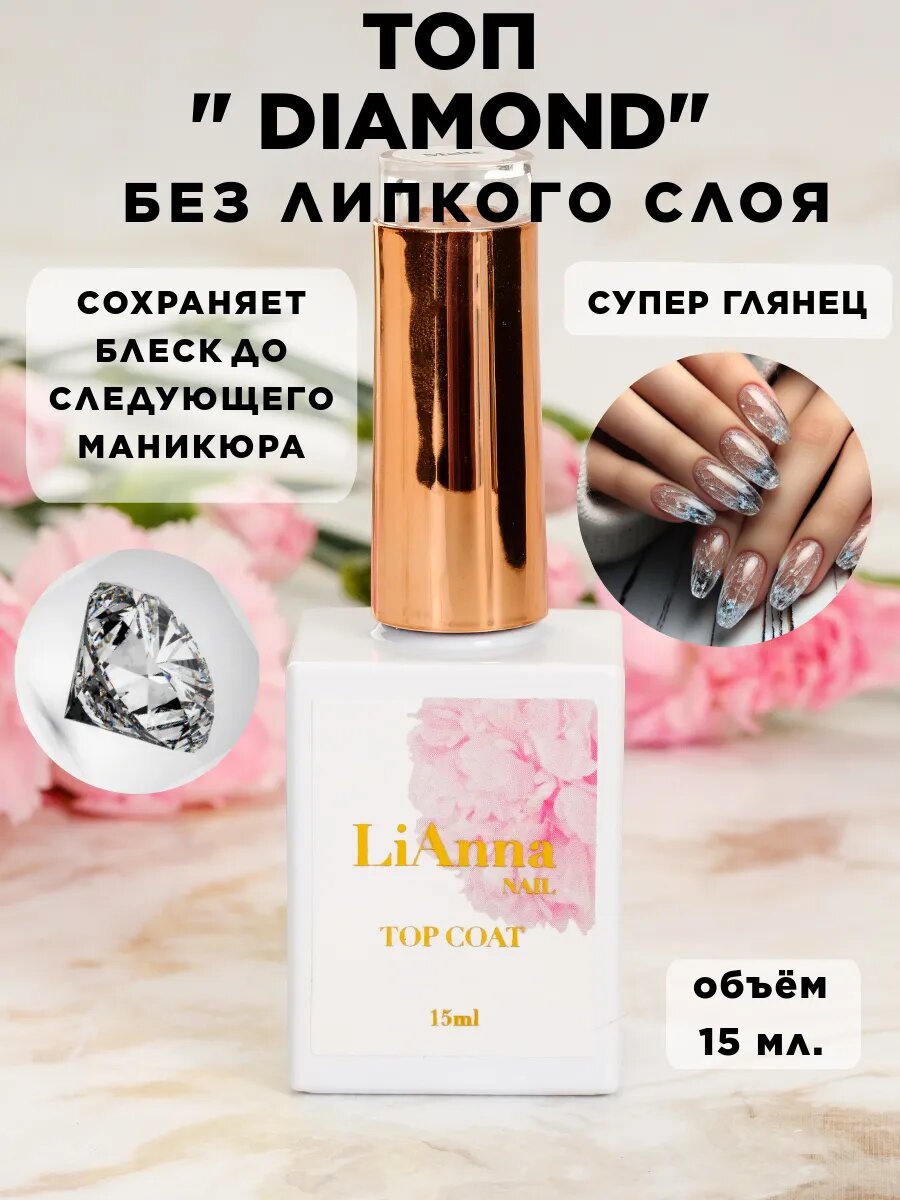 Топ для ногтей "Diamond", суперглянцевый, без липкого слоя, 15 мл. / УФ-фильтр