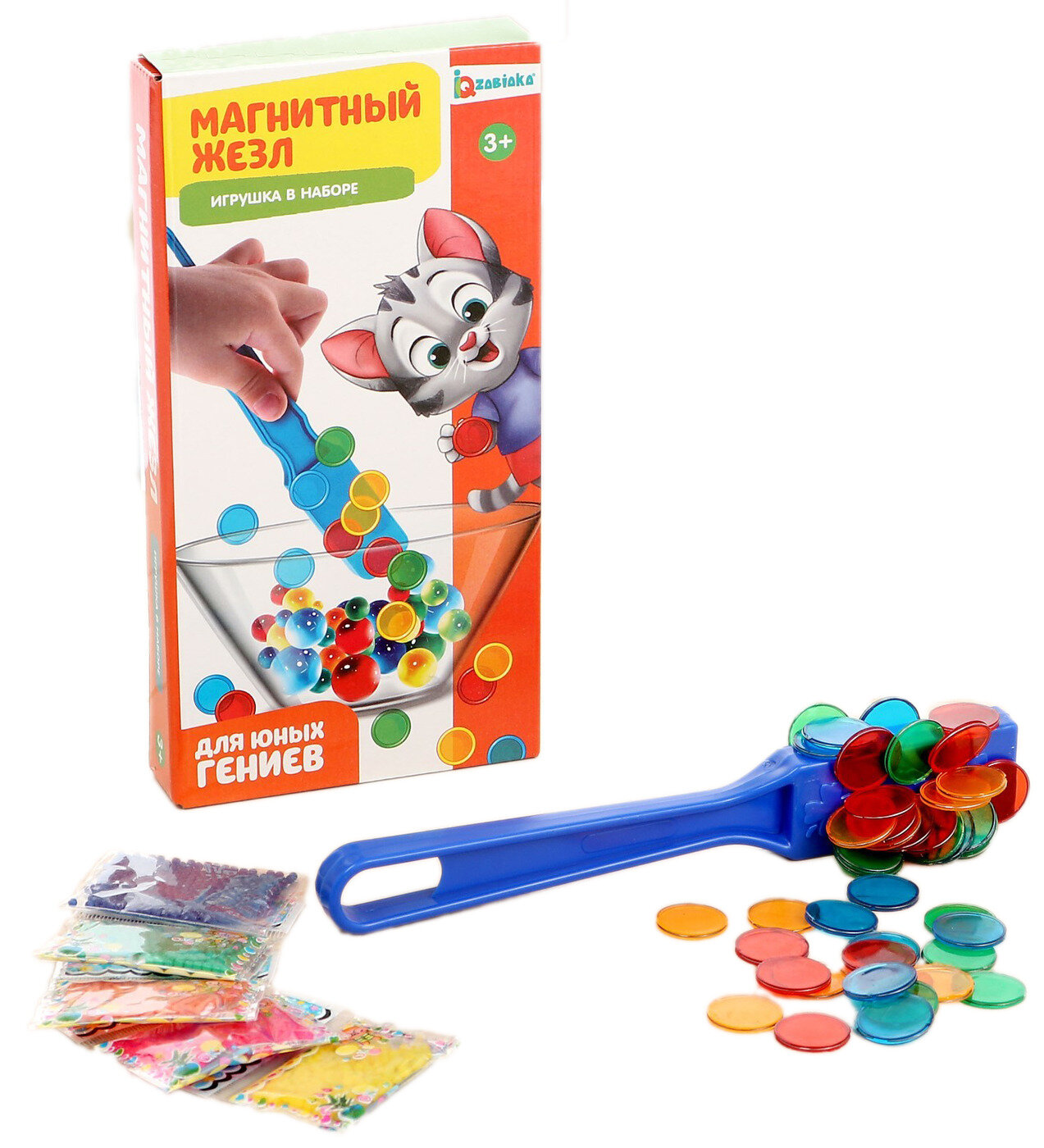 Развивающая игра "Магнитный жезл", набор с магнитной палочкой, фишки + растущие шарики, по методике Монтессори